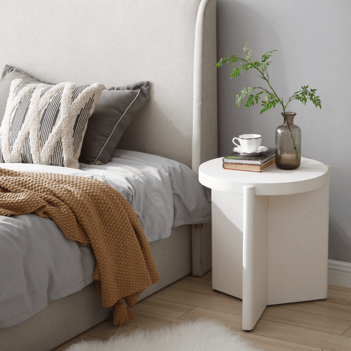 Delos Round 50cm Faux Stone White Side Table | Seek & Ramble