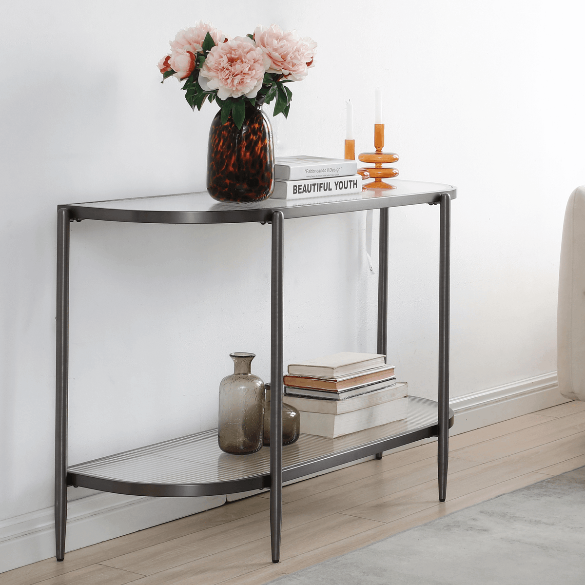 Gatsby 1.2M Console Hall Table Fluted Glass Gunmetal Grey | Seek & Ramble