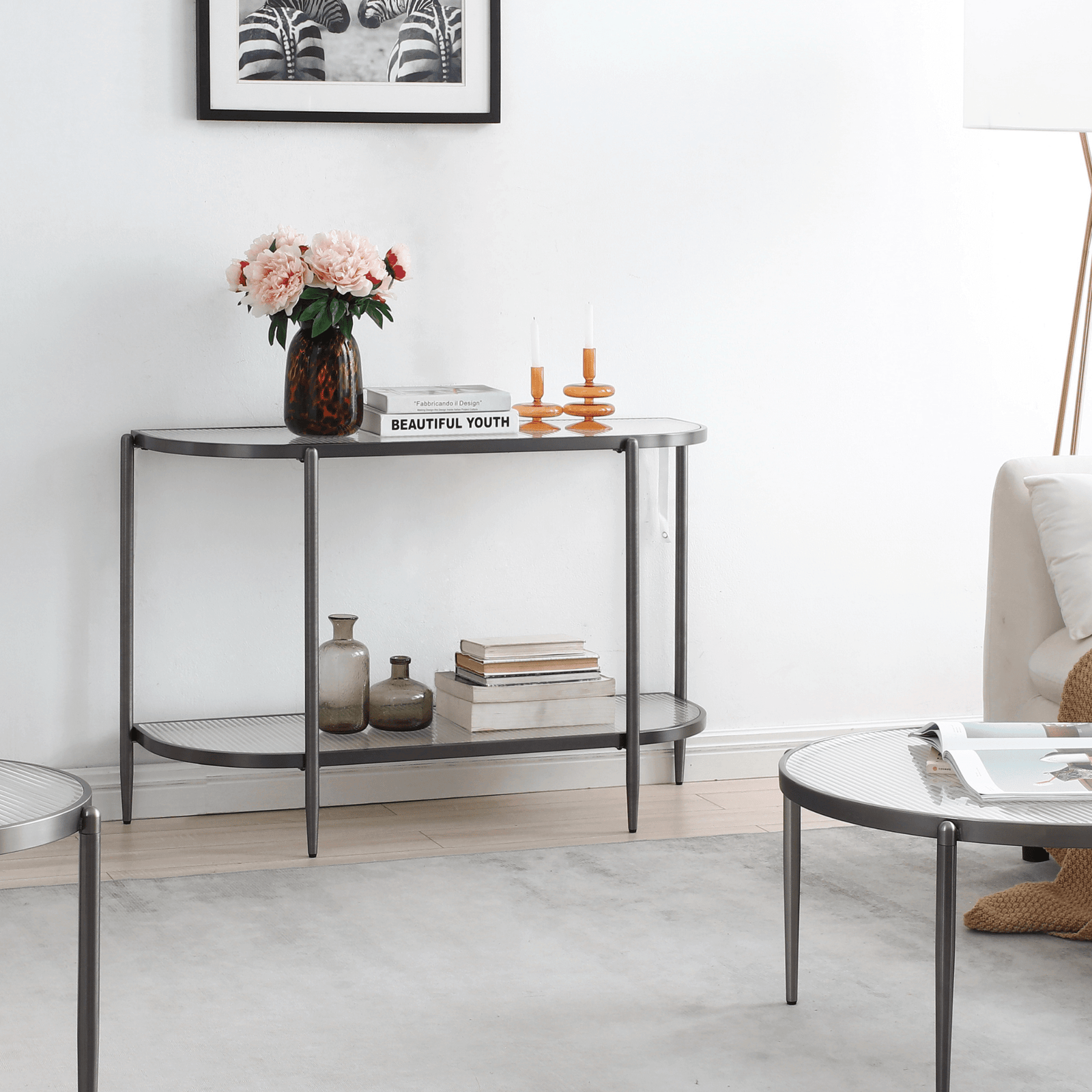 Gatsby 1.2M Console Hall Table Fluted Glass Gunmetal Grey | Seek & Ramble