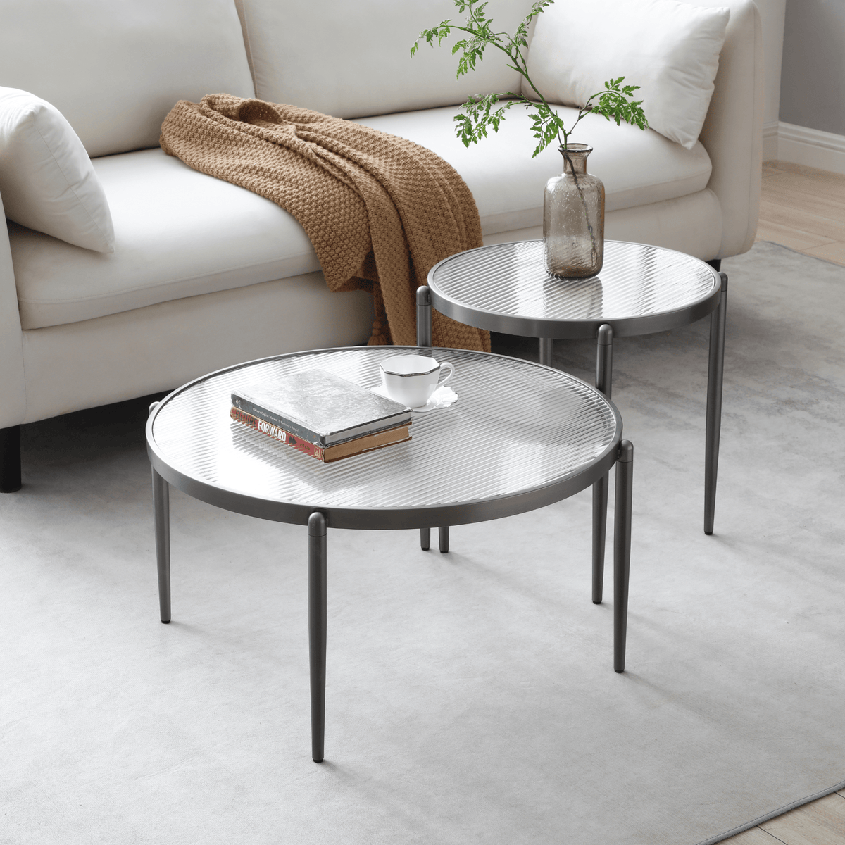 Gatsby Round 70cm Gunmetal Charcoal Fluted Glass Coffee Table | Seek ...