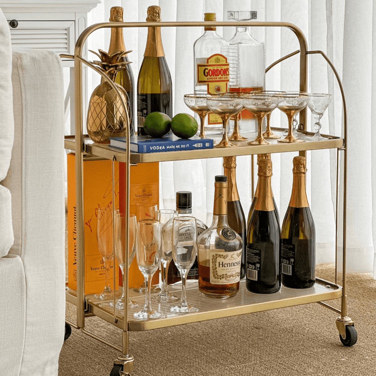 Gatsby Bar Cart Fluted Glass & Gold Metal Foldable Storage Shelf ...